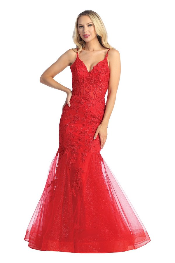 LF 7834 - Beaded Lace Embellished Fit & Flare Prom Gown with Sheer Cor ...